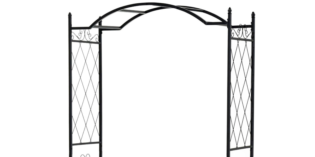 85'' Metal Garden Arbor with Gate, Outdoor Steel Arch with Scrollwork