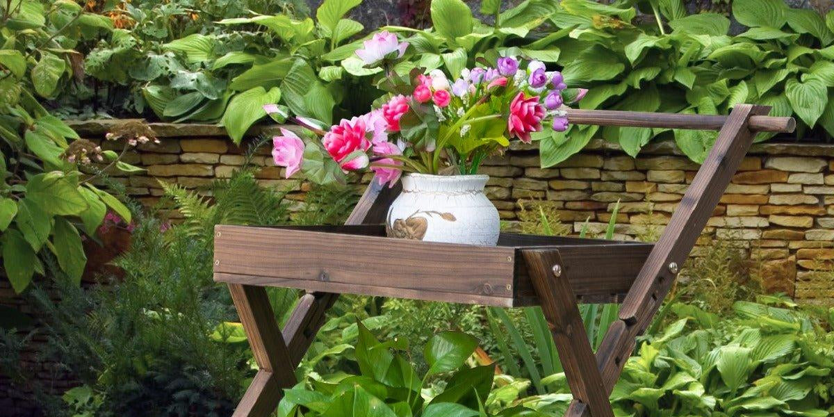 Wooden Rustic 2-Level Elevated Garden Plant Bed/Stand with Wheels for