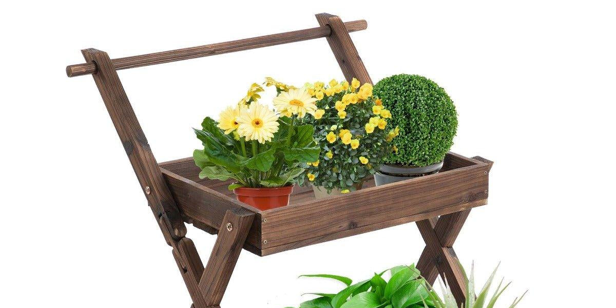 Wooden Rustic 2-Level Elevated Garden Plant Bed/Stand with Wheels for